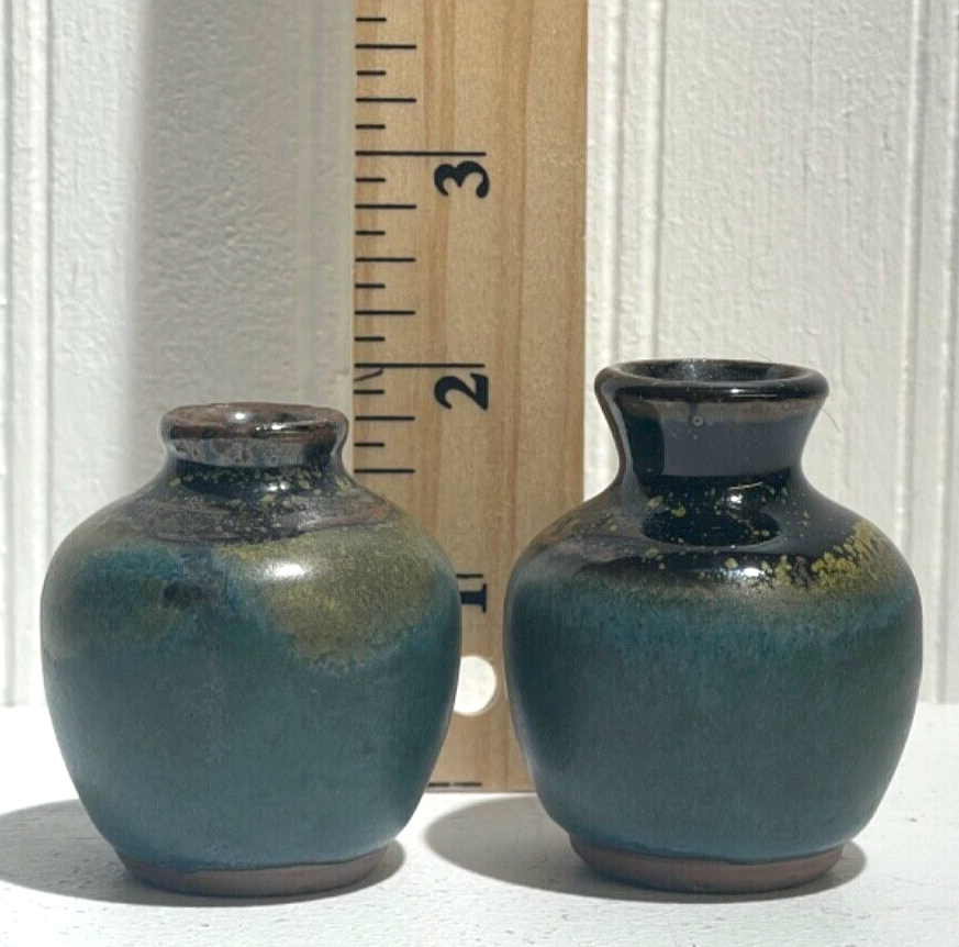 Set-TWO Miniature Hand Thrown Glazed Flat Clay Art Vases 1.5"x2" Sea ...