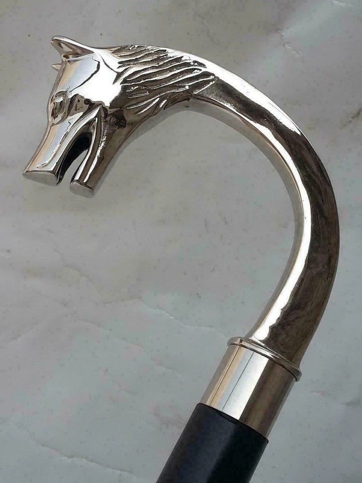 Vintage Silver Brass Wolf Head Handle Victorian Wooden Walking stick ...