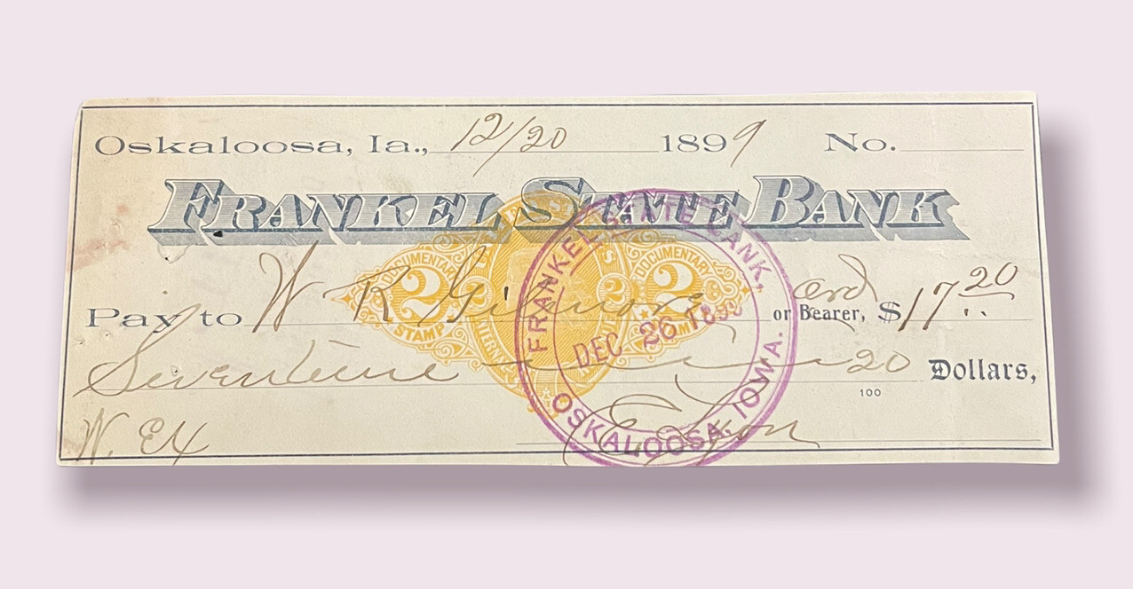 SCARCE ANTIQUE 1899 FRANKEL STATE BANK CHECK OSKALOOSA IOWA | eBay