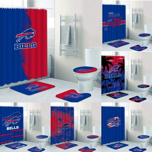 Buffalo Bills Bathroom 4PCS Shower Curtain Toliet Lid Cover Bath Rug ...