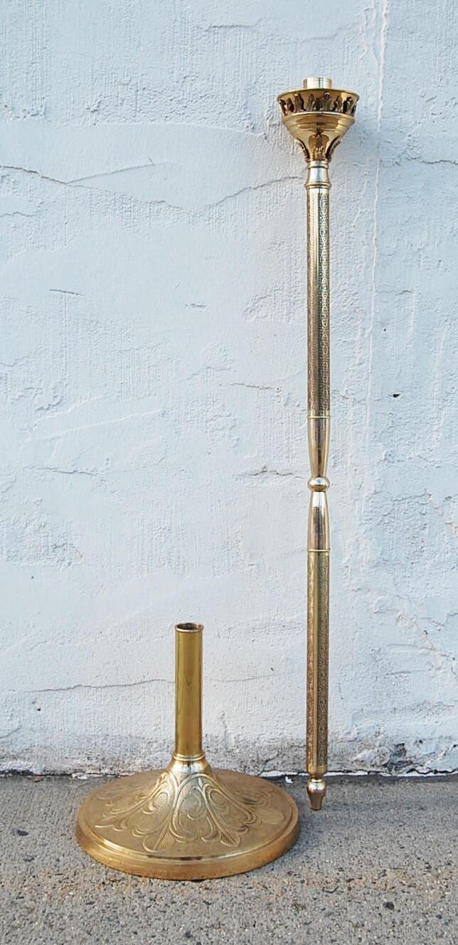 PAIR OF BRASS PROCESSIONAL CANDLESTICKS TORCH / ACOLYTE & BASE STANDS ...