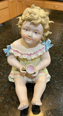 Vintage 13" bisque Porcelain Piano Baby Holding Cup | eBay