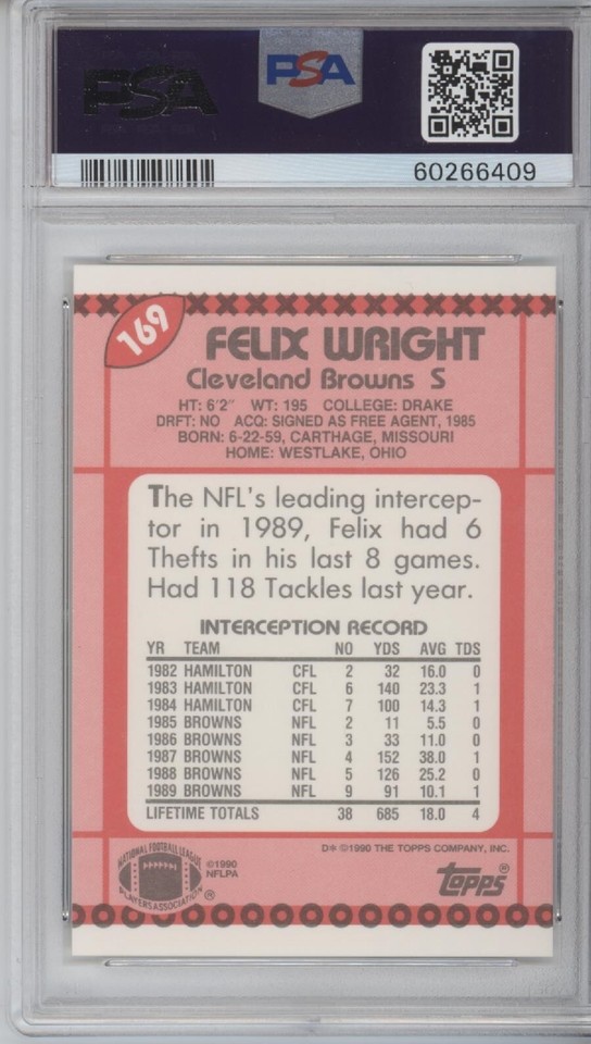 1990 Topps Tiffany Football #169 Felix Wright Psa 8 | eBay