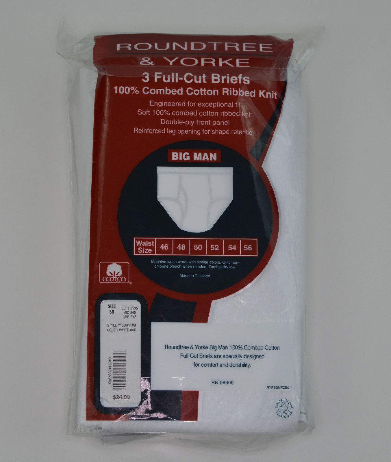 Roundtree & Yorke Mens New 3 Pk Full-Cut Briefs Cotton 52 54 56 White ...
