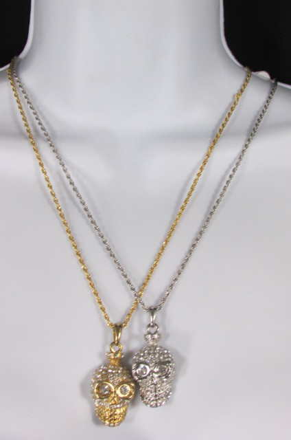 Women Fashion Long Necklace Skull Skeleton Head Gold Chain Pirate Bones ...