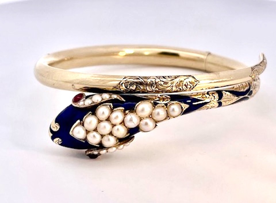 14K Cobalt Blue Enamel Snake Bracelet with Pearls | eBay