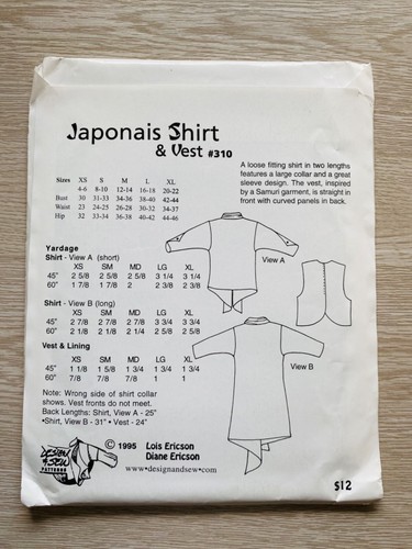 90s DESIGN & SEW PATTERNS 310 LOIS/DIANE ERICSON JAPONAIS SHIRT VEST UC ...
