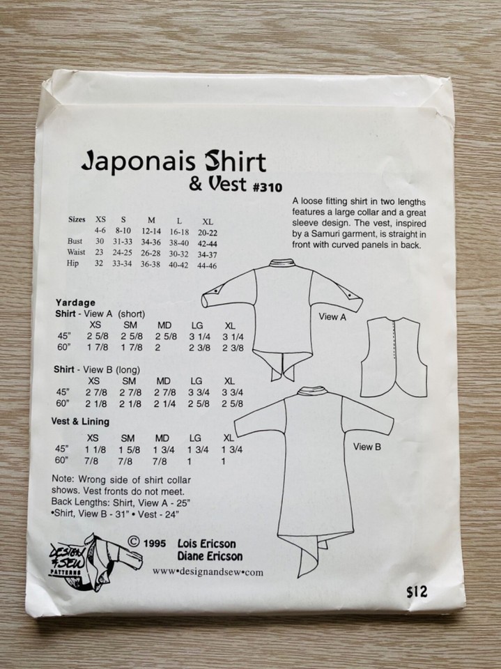 90s DESIGN & SEW PATTERNS 310 LOIS/DIANE ERICSON JAPONAIS SHIRT VEST UC ...