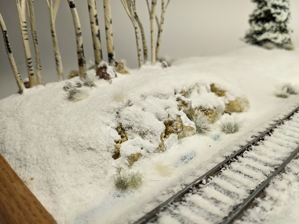 HO Scale DISPLAY DIORAMA: Snowy Winter Landscape w a few Pines & Bare ...
