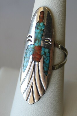 Navajo J Nezzie Sterling Turquoise & Coral Inlay Ring ~ Sz 7.75 | eBay