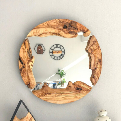 Wood Round Mirror, Live Edge Wood Wall Mirror, Wood Frame Mirror Wall ...