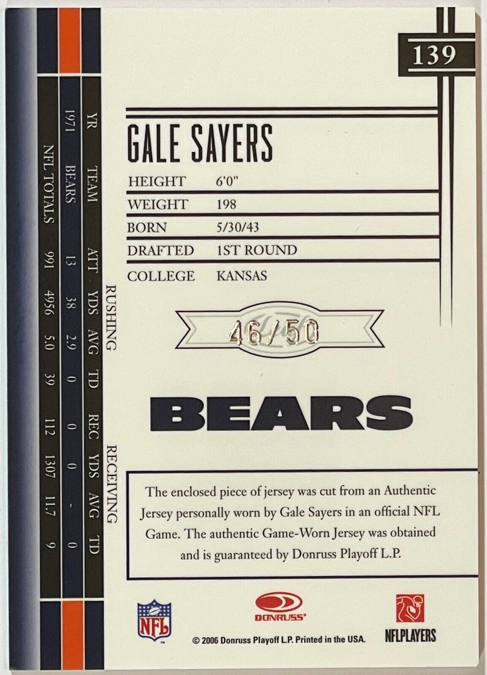 2006 Leaf Limited Threads Gale Sayers Game Used Jersey Relic #139 /50 ...