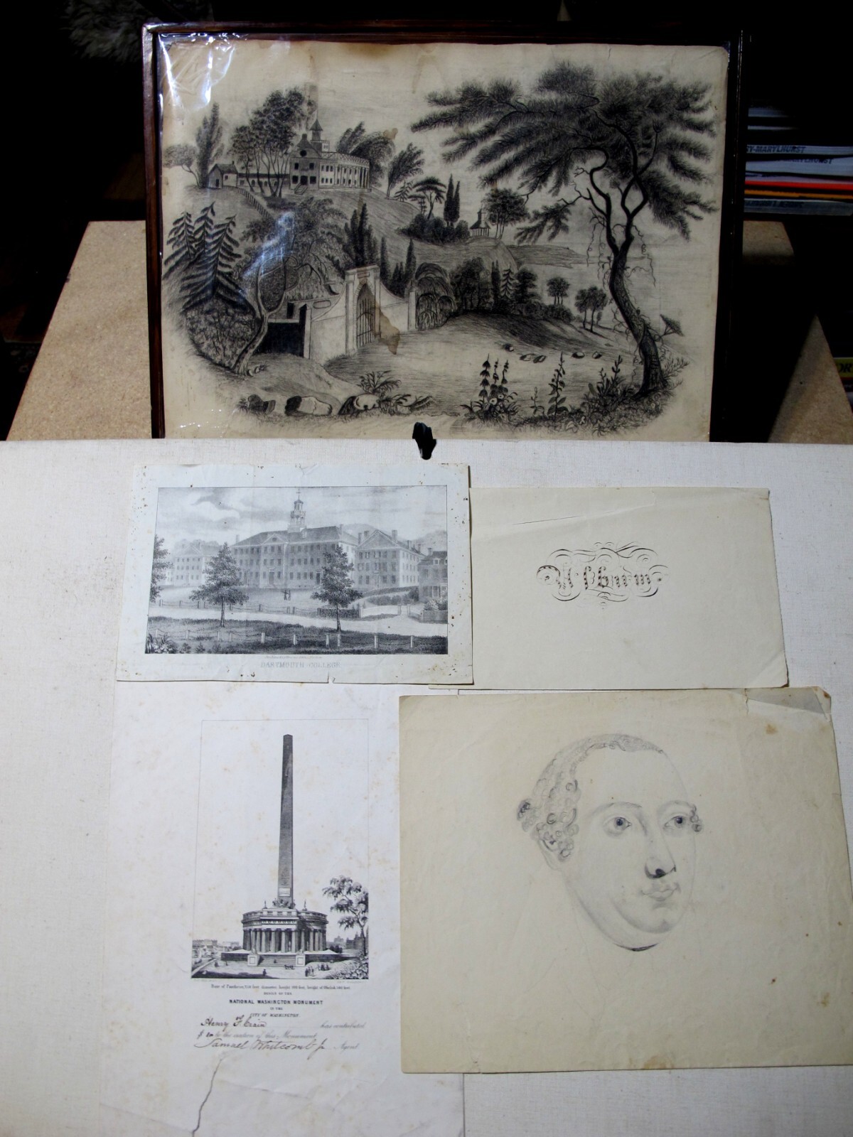 1840s ORIGINAL DRAWING of Dartmouth College +2 More & 2 Prints National ...