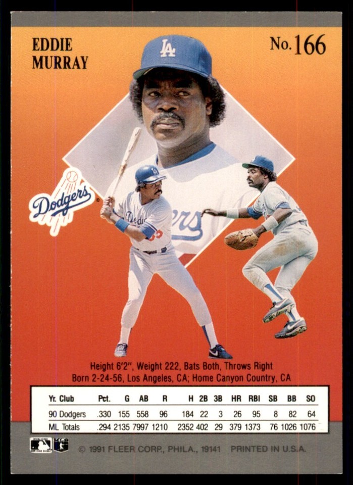 1991 Fleer Ultra Eddie Murray Los Angeles Dodgers #166 MLB Baseball ...