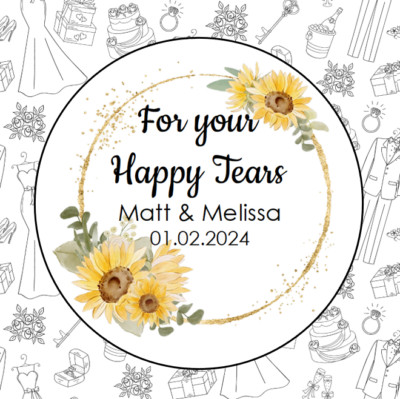 70 x Personalised Wedding Sunflower Yellow Happy Tears Favour Labels ...