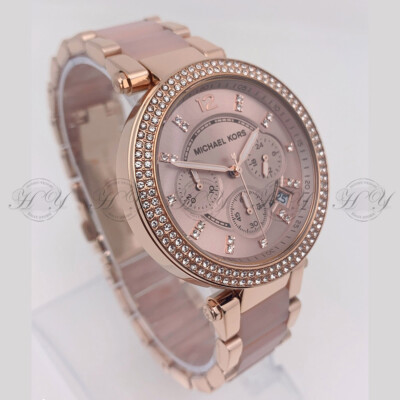 New Michael Kors MK5896 Parker Rose Gold-Tone Blush Acetate Band Women ...