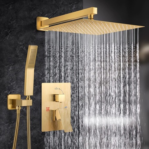 Brushed Gold Shower Faucet Set 8" Rain Head Combo with Mixer Valve Wall ...