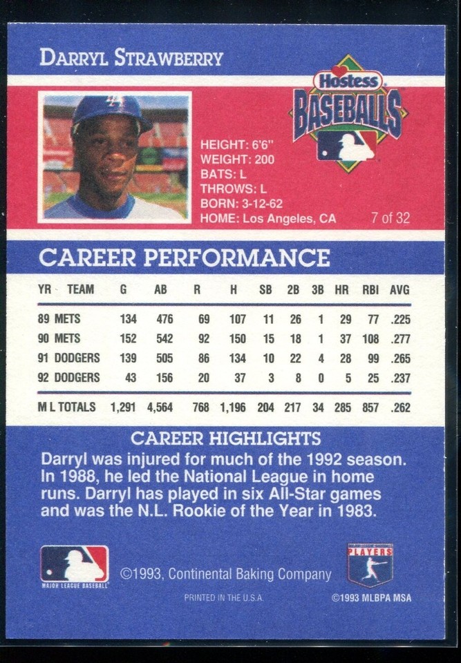 1993 Hostess Baseball Darryl Strawberry #7 Los Angeles Dodgers | eBay