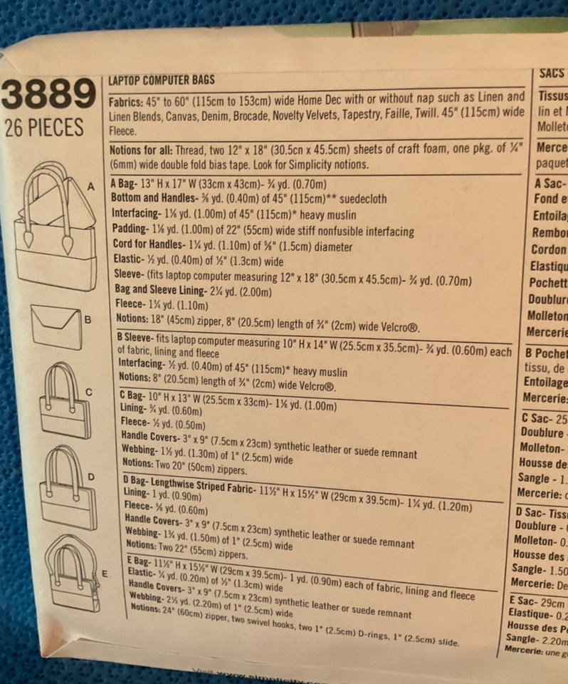 Simplicity Pattern Lap Top Computer Bags Size 3889 MAP | eBay