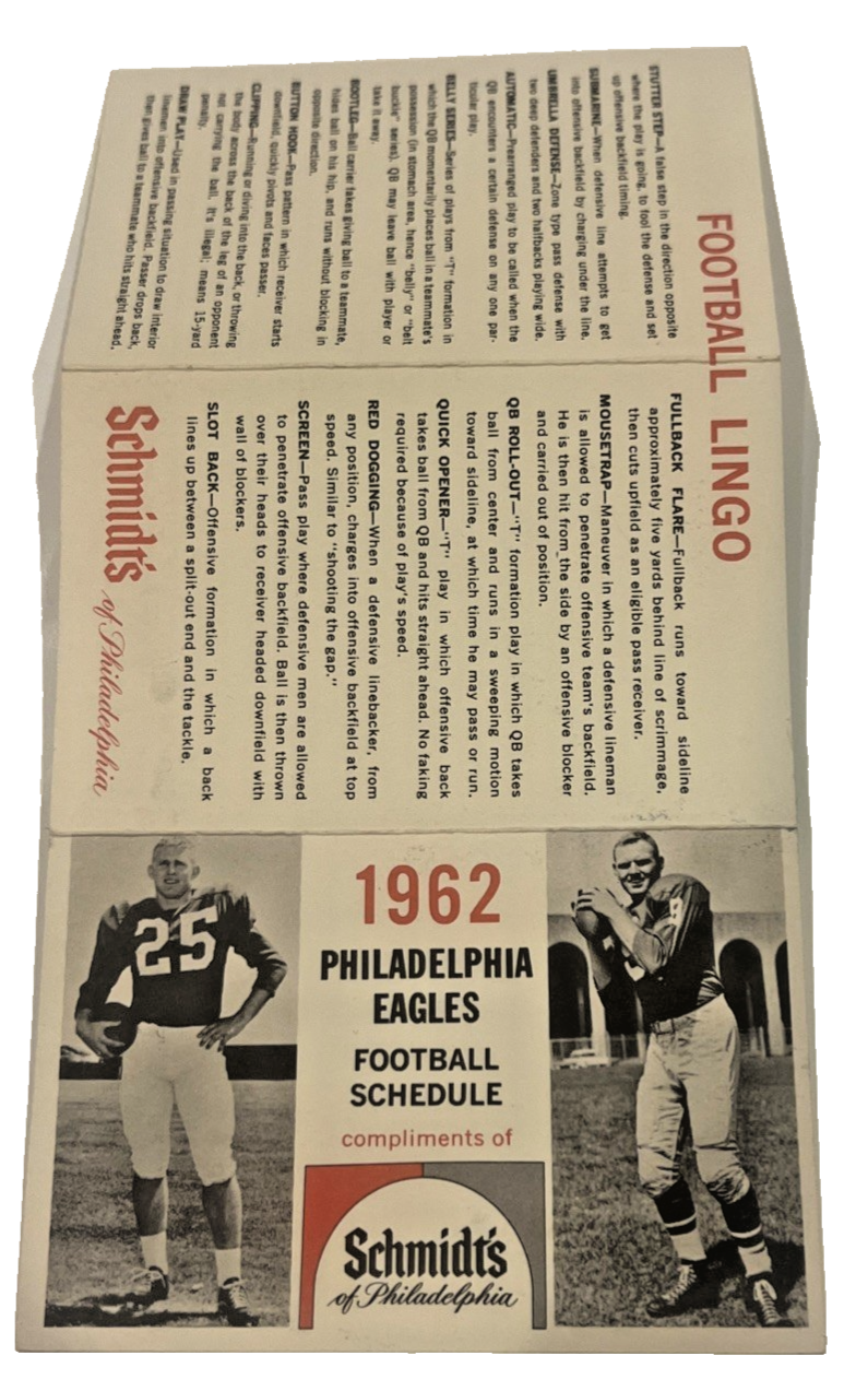 1962 Philadelphia Eagles NFL Football Schedule Schmidt's Beer ...