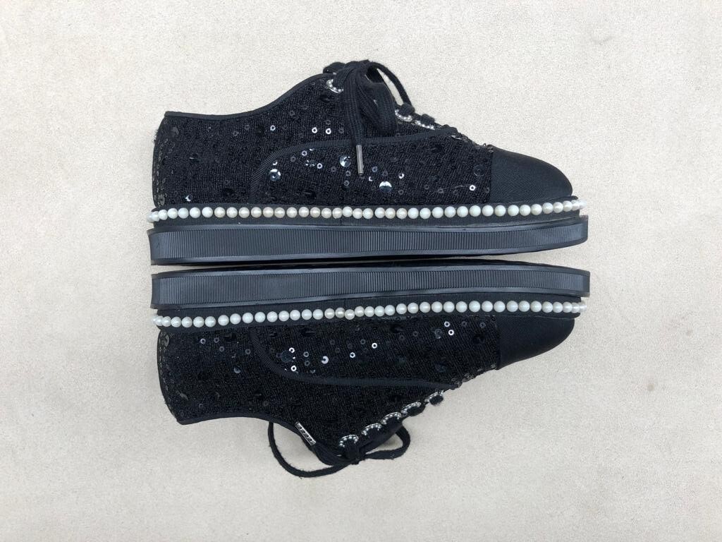Chanel Black Sequin And Faux Pearl Platform Sneakers … - Gem