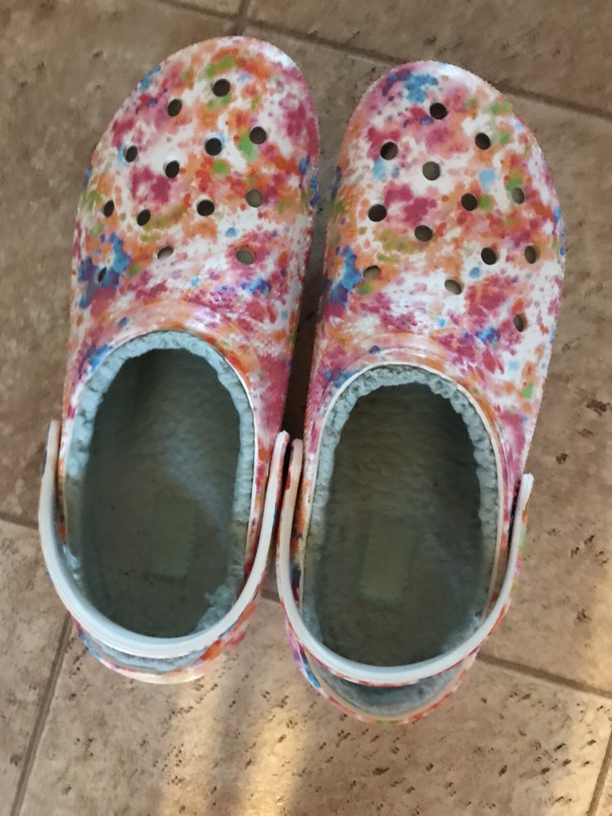 CROCS white vinyl splatter paint w/light blue faux fu… - Gem