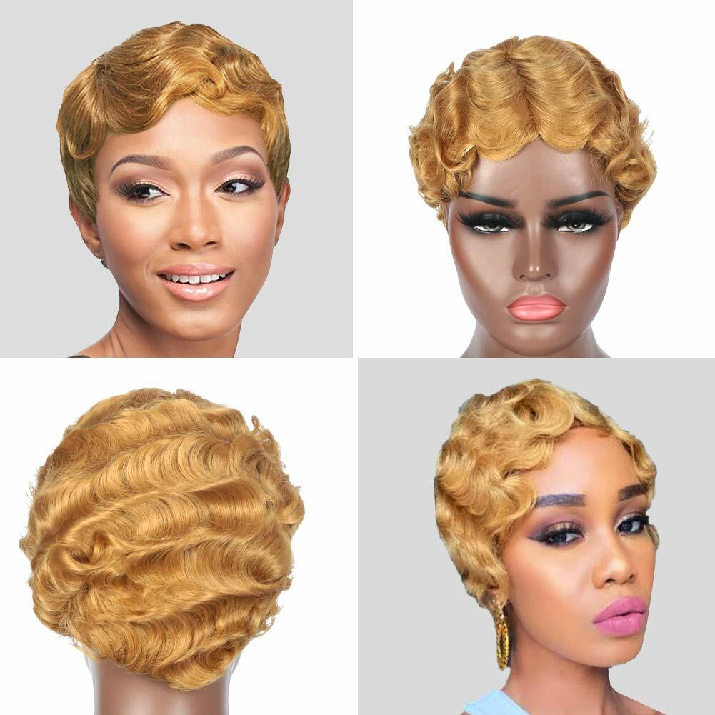 Finger Wave Wig Brazilian Short Pixie Cut Human Hair Wig Blonde Machine ...