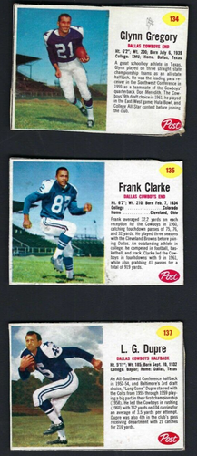 1962 POST FOOTBALL CARD LOT X 3 DALLAS COWBOYS FRANK CLARKE, L.G. DUPRE ...