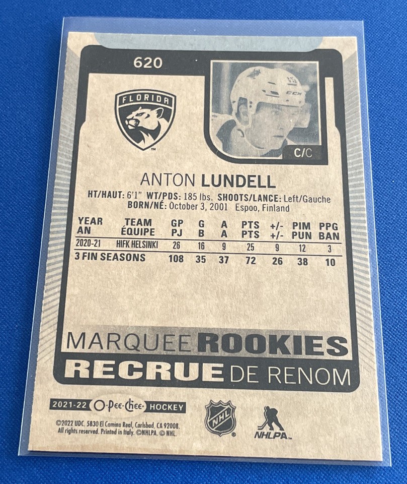 2021-22 O-Pee-Chee Update Marquee Rookies #620 Anton Lundell RC Florida ...