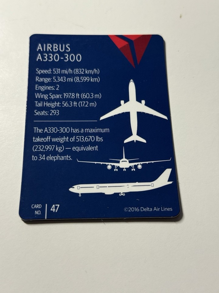 Delta Air Lines Airbus A330-300 Aircraft 2016 Pilot Collector Card #47 ...