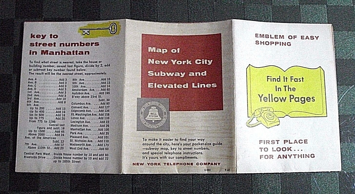 MAP 1960'S NEW YORK CITY SUBWAY TRAINS & LINES BELL PHONE SYSTEM YELLOW ...