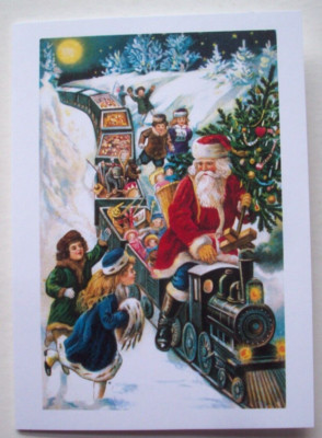 Santa rides train full of toys coins Retro Christmas greeting card | eBay