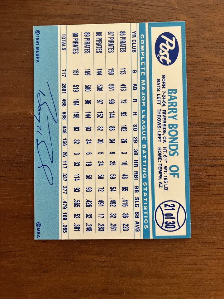 1991 Post Barry Bonds 21 of 30 Pittsburgh pirates Baseball Trading Card ...