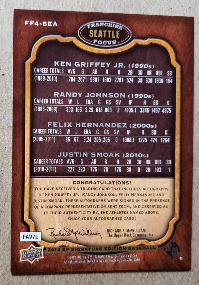 2012 SP Signature Ken Griffey Jr. Randy Johnson Hernandez Smoak Quad ...