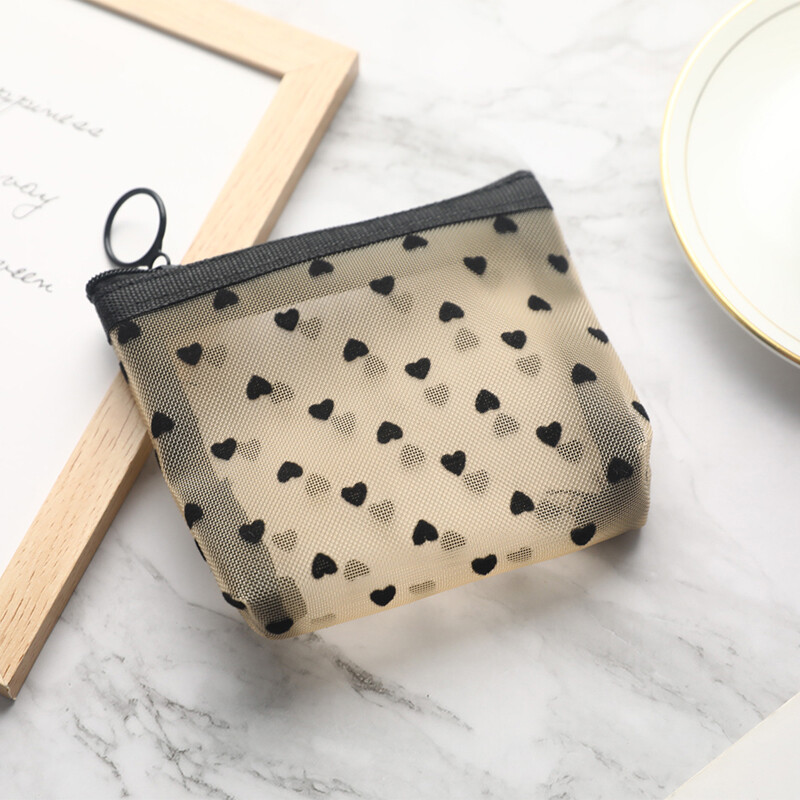 Mesh Cosmetic Makeup Bags Case Holder Zipper Heart Printed Pencil Case ...