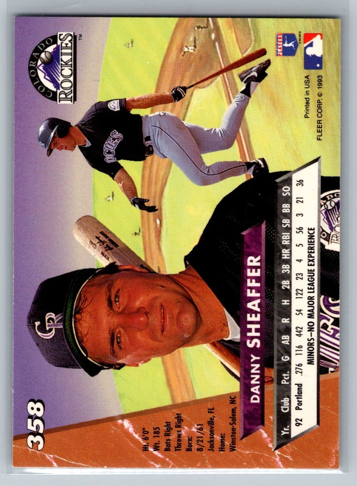 Danny Sheaffer 1993 Ultra Rookie BASEBALL #358 Colorado Rockies RC | eBay