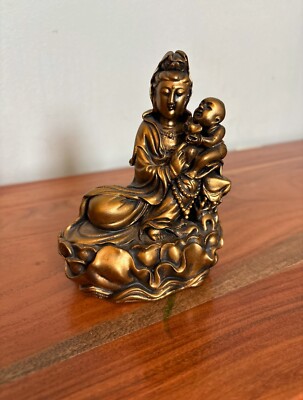 Antique Guanyin Bodhisattva With Baby Buddha Statue Copper Guilded Old ...