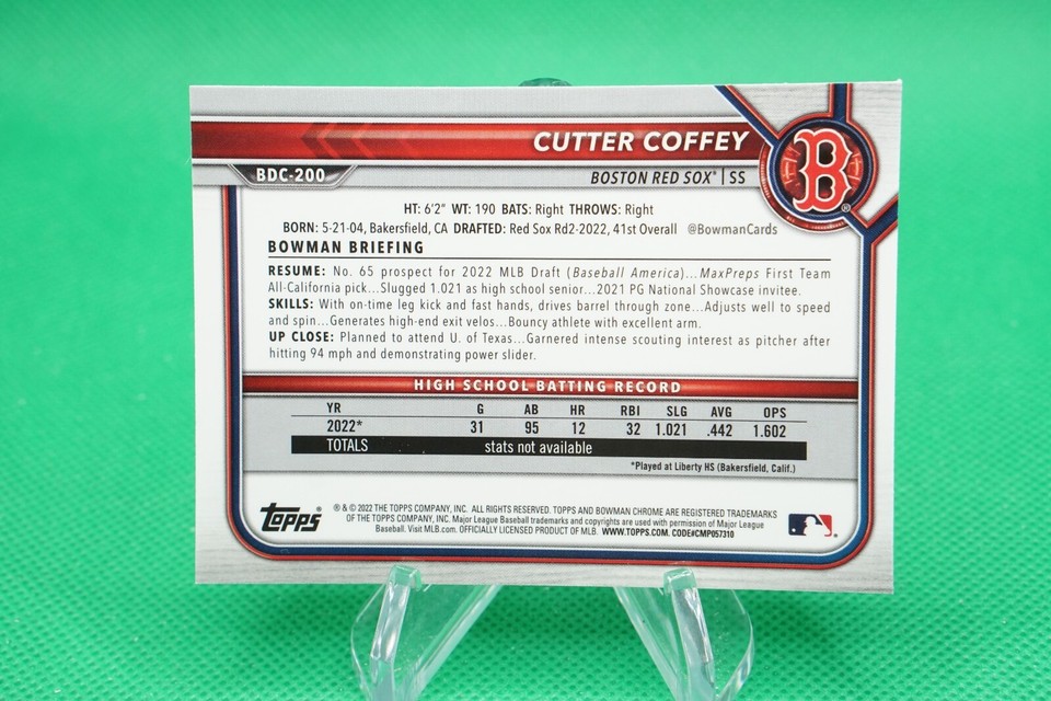 2022 Bowman Draft Base Chrome #BDC-200 Cutter Coffey Boston Red Sox SR1 ...