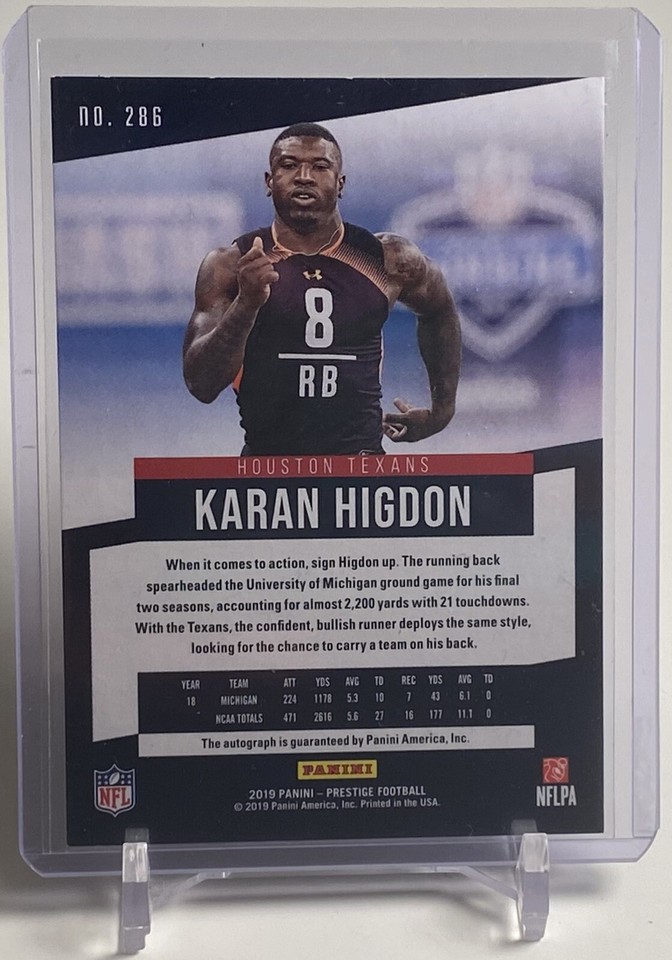 2019 Prestige Karan Higdon Autograph Auto Rookie RC Card #286 Texans W ...