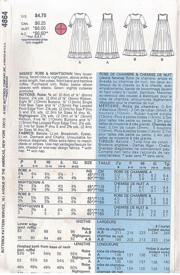 OOP Butterick Pattern Misses Nightgown Robes Pajamas Loungewear UPIC ...