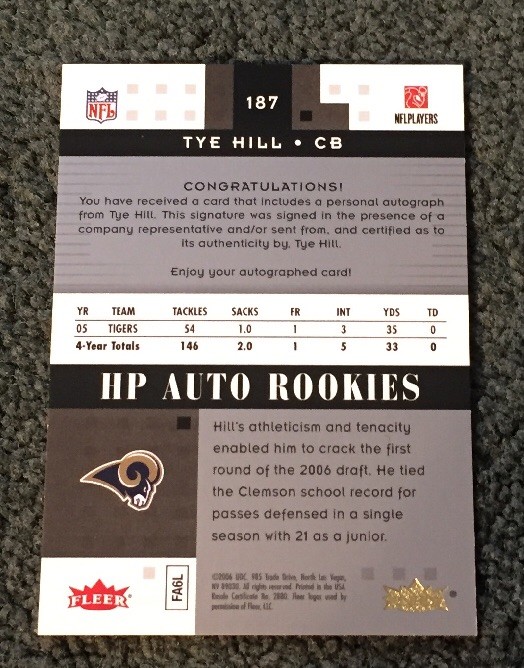 TYE HILL 06 FLEER HOT PROSPECTS HP AUTO ROOKIE 200/299 RAMS | eBay