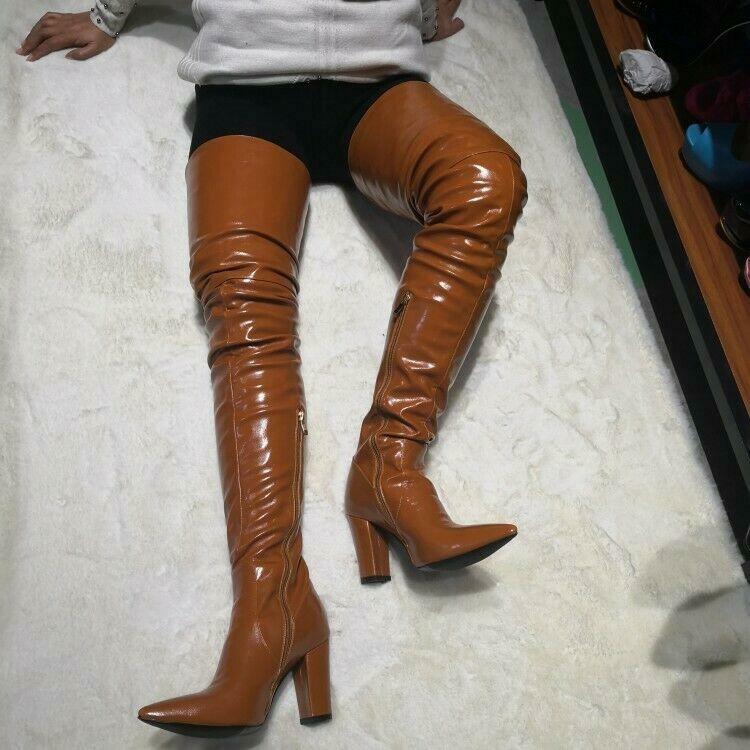 47 Lady Super High Boots Leather Over Knee Thigh High Shoes High Block ...