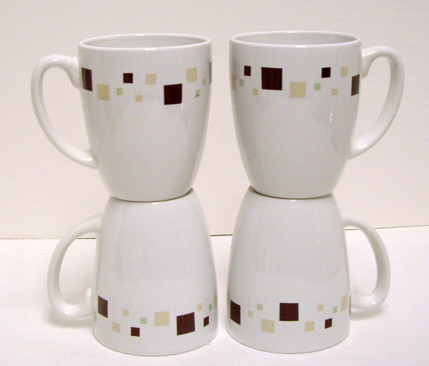 4 Coffee Mugs Cups Corning Corelle Geometric Brown Green Squares ...