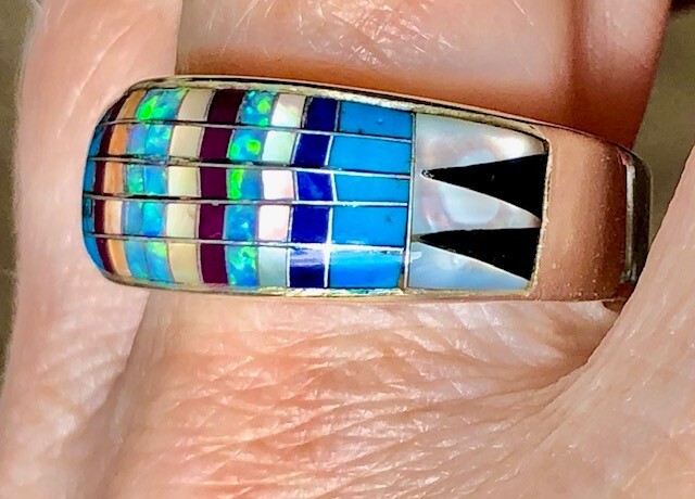 Slim Band Navajo Opal Tribal Nations Warrior Waves ring men's 9.5 T ...