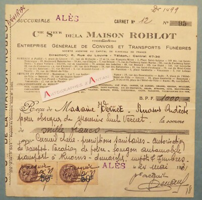 Maison ROBLOT Obsèques Emile VERNET Ruoms Ardèche 1931 convois funèbres ...