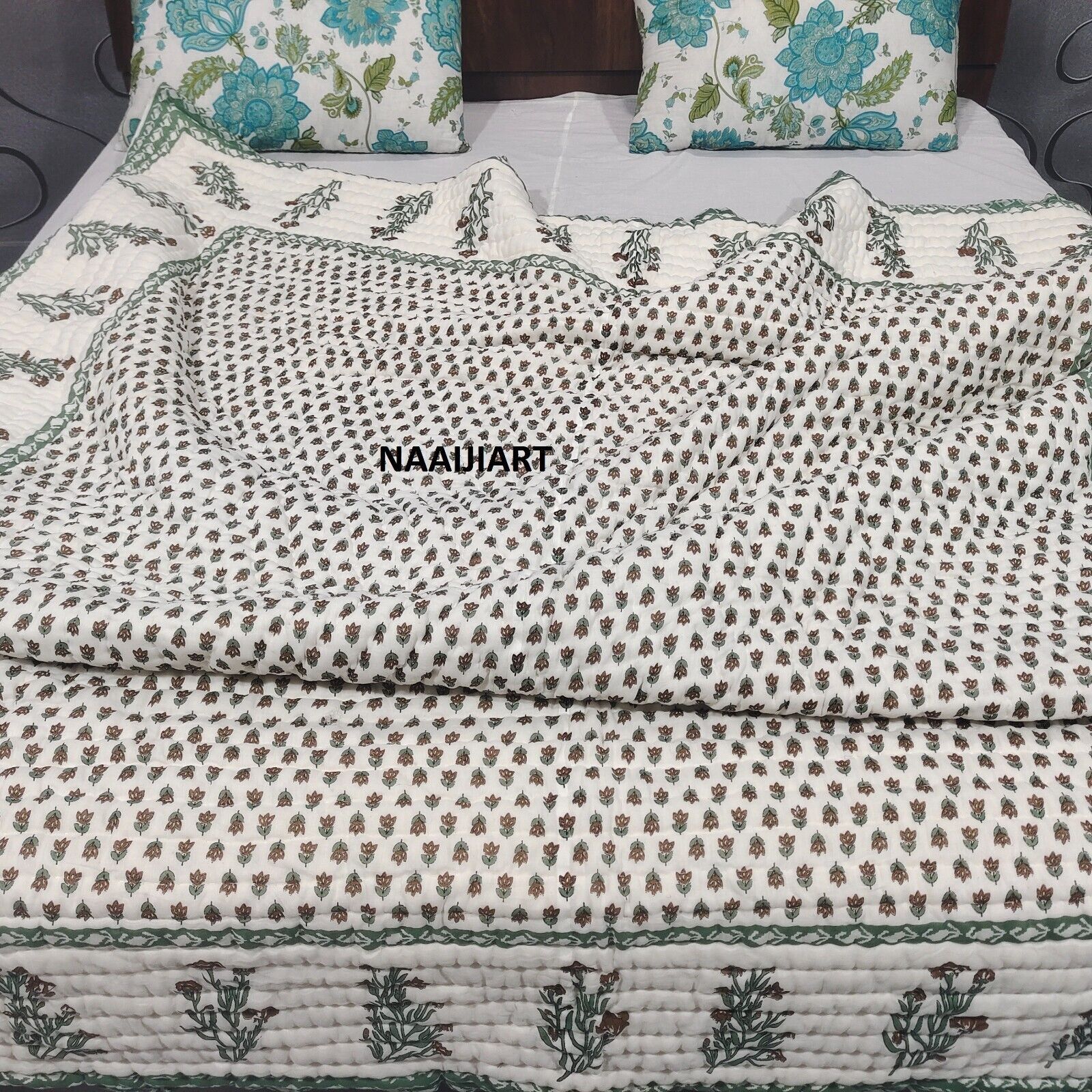 Indian Quilt Hand Block Print Blanket Queen Size Handmade Cotton ...