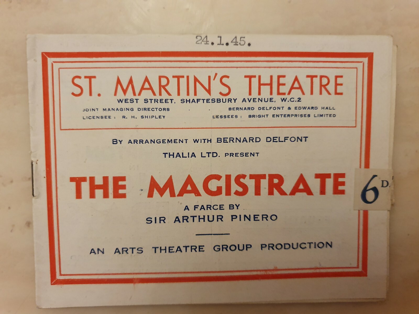 THEATRE PROGRAMME THE MAGISTRATE DEREK BLOOMFIELD DOROTHY PRIMROSE ...