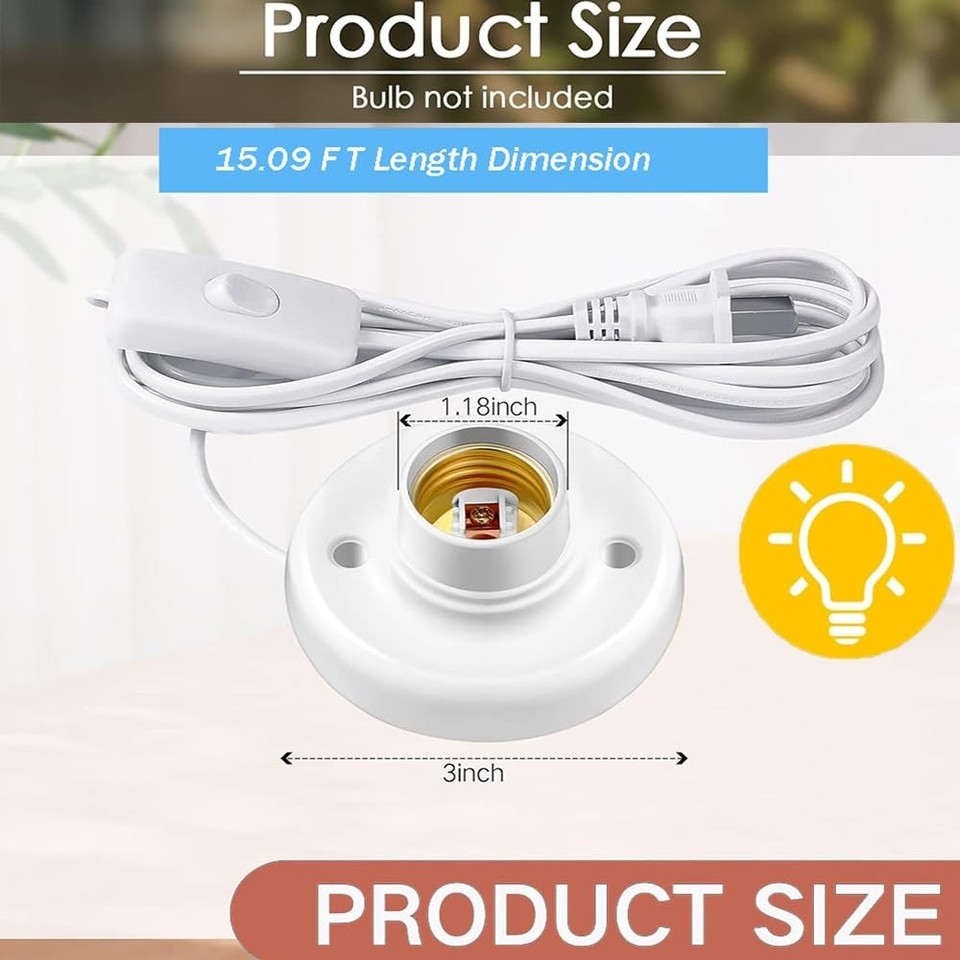 15ft Light Bulb Socket Cord E26 E27 with On Off Switch 110V 250V Lamp ...