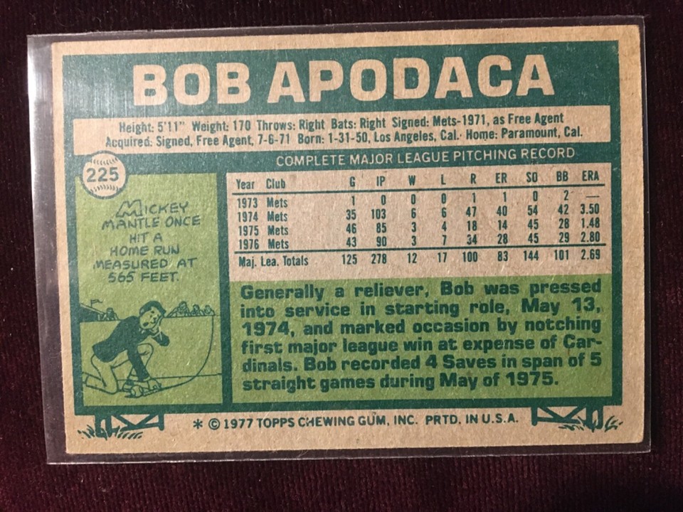 1977 Topps #225 Mets Bob Apodaca Baseball Card | eBay