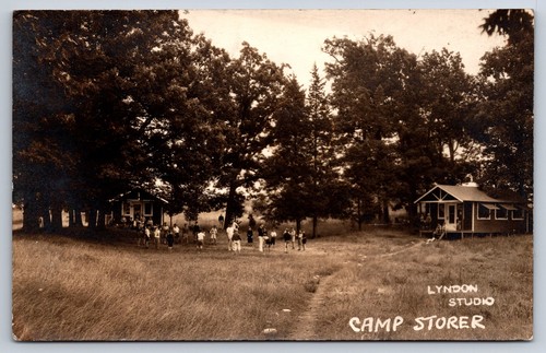 1940 Jackson, MI Postcard- CAMP STORER CABINS BOYS IN A CIRCLE YMCA ...